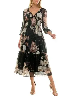 SOCIALITE Floral Balloon Sleeve Tiered Midi Dress - Black Mve Grey