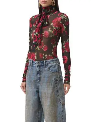 AFRM Julien Tie Neck Mesh Top Painted Roses