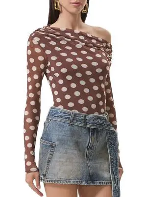 AFRM One-shoulder Printed Mesh Top - Chocolate Halo Dot