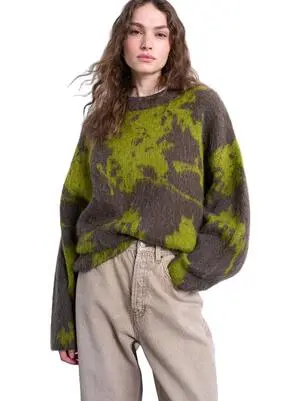 Topshop Blurred Floral Fuzzy Sweater - Medium Green
