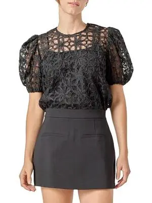 English Factory Floral Texture Puff Sleeve Top - Black