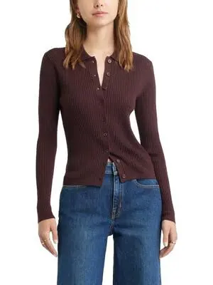 OPEN EDIT Collared Merino Wool Cardigan - Burgundy Fudge