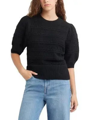 Treasure & Bond Puff Sleeve Cable Knit Pullover - Black