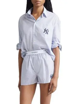 SPORTY & RICH Gender Inclusive New York Yankees Poplin Button-up Shirt - Navy Striped