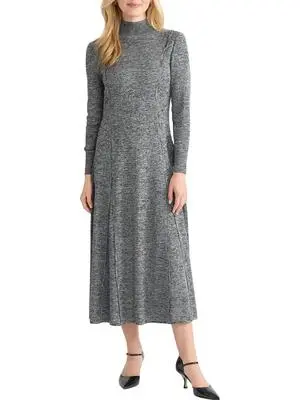 Misook Mélange Long Sleeve A-line Knit Maxi Dress - Black/new Ivory