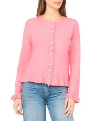 CECE DUPRAZ Ruffle Trim Ribbed Cardigan Pop Pink