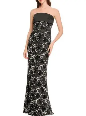 Dress The Population Beaded Floral Strapless Mermaid Dress - Black-silver