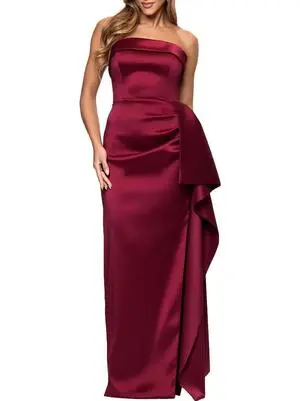 XSCAPE EVENINGS Strapless Mikado Column Gown With Ruffle - Wine