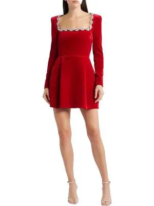 NADINE MERABI Kimberly Rhinestone Velvet Fit-and-flare Dress - Red