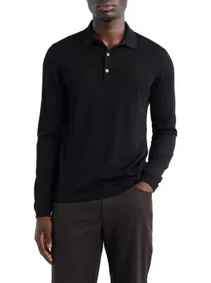 JACK VICTOR Long Sleeve Wool & Silk Polo Sweater - Black