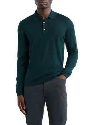 JACK VICTOR Long Sleeve Wool & Silk Polo Sweater - Forest Green