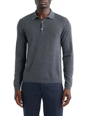 JACK VICTOR Long Sleeve Wool & Silk Polo Sweater - Grey