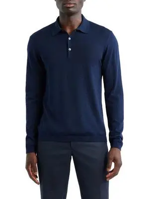 JACK VICTOR Long Sleeve Wool & Silk Polo Sweater - Navy