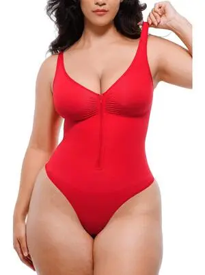 SHAPELLX Skin Flow Zipper Front Thong Bodysuit - Cherry Red