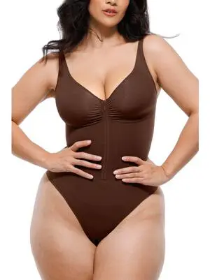 SHAPELLX Skin Flow Zipper Front Thong Bodysuit - Deep Coffee