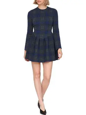 Avec Les Filles Basque Waist Long Sleeve Skater Sweater Dress - Cadet