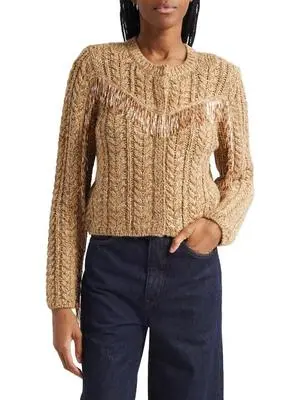 Cinq À Sept Mélange Bead Fringe Accent Cable Crewneck Sweater - Oatmeal Multi