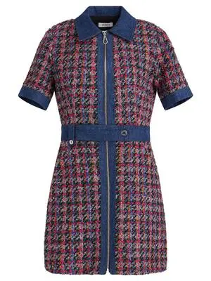 Sandro Checked Tweed Mini Dress With Denim Trims - Fuchsia