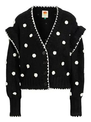 Farm Rio Floral-appliquéd Ribbed-knit Cardigan - Black