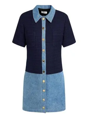 Sandro Denim-paneled Tweed Shirt Dress - Navy