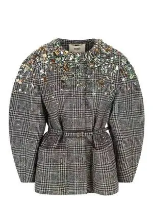 Fendi Crystal-embellished Tweed Jacket - Grey
