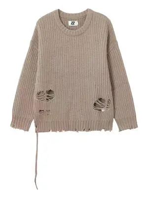 Izzue Distressed Ribbed Knit Sweater - Neutrals