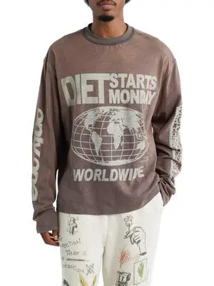 DIET STARTS MONDAY Worldwide Long Sleeve Cotton Graphic T-shirt - Vintage Black