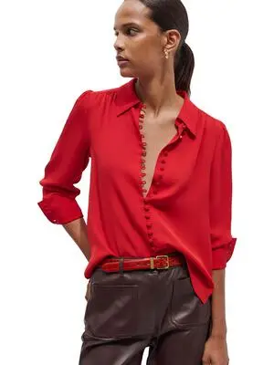 ME+EM Silk Button Shirt With Tie - True Scarlet Red