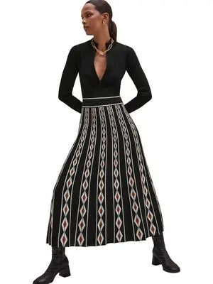 ME+EM Jacquard Half Zip Knit Maxi Dress - Black Multi