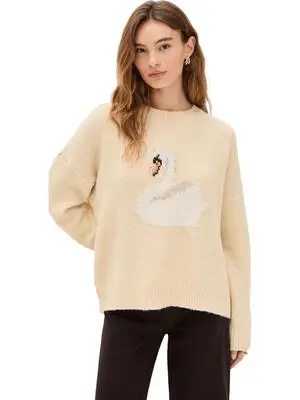 BAILEY ROSE Swan Graphic Crew Neck Sweater - Buttermilk