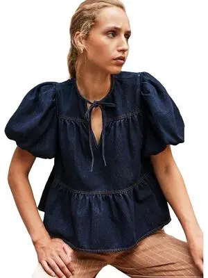 RO&ZO Denim Puff Sleeve Tie Neck Top - Blue