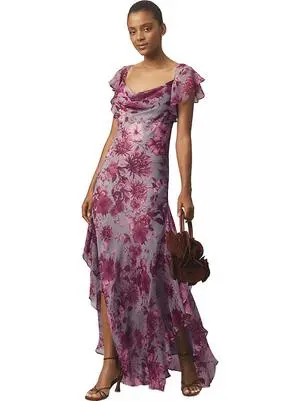 Bhldn Ruffle Chiffon Maxi Dress - Purple Pattern
