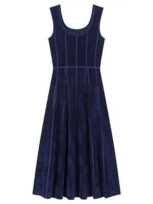 Maje Round-neck Flared-skirt Stretch-velvet Midi Dress - Navy