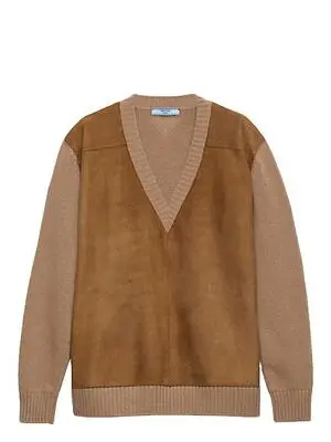 Prada V-neck Suede And Cashmere Jumper - Brown