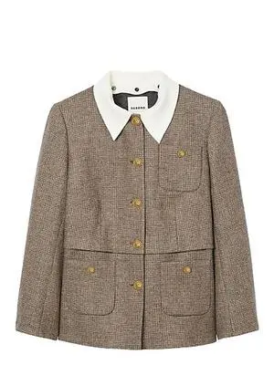 Sandro Houndstooth Wool-blend Jacket With Detachable Collar - Brown