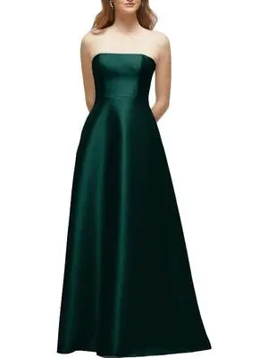 Alfred Sung Strapless Satin Twill Gown - Evergreen