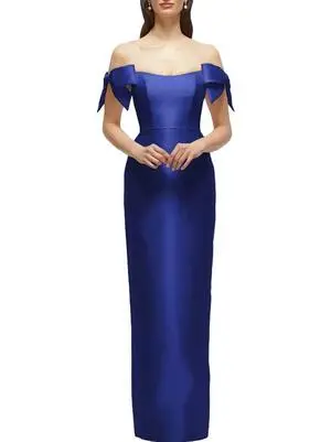 Alfred Sung Off The Shoulder Satin Column Gown - Cobalt Blue