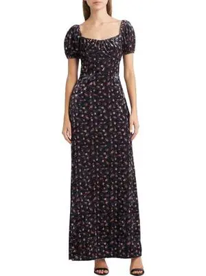 Lulus Jillian Floral Cap Sleeve Gown - Black Floral