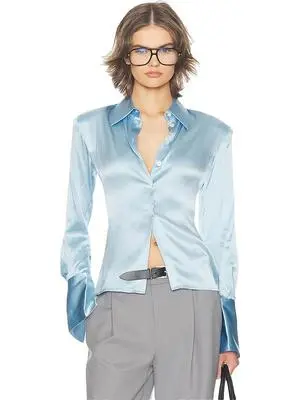 HELSA Silk Charmeuse Button Down Shirt - Sky Blue