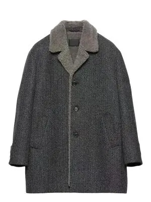 Prada Herringbone Shearling-collar Coat - Grey