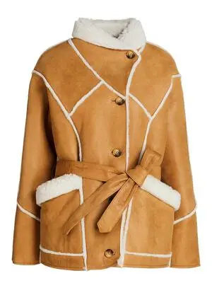Maje Belted Shearling Coat - Camel