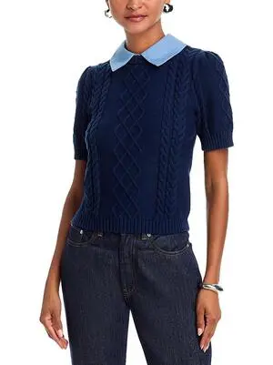 Aqua Cable Knit Short Sleeve Twofer Top - Navy/cambray