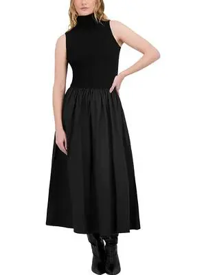 POINT Mixed Media Turtleneck Midi Dress - Black