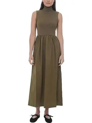 POINT Mixed Media Turtleneck Midi Dress - Olive