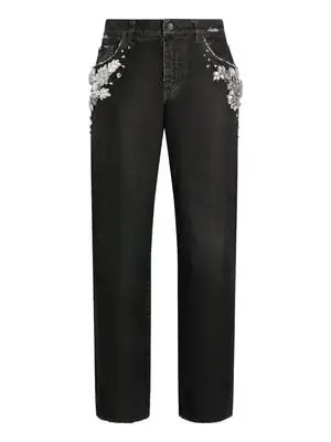 Dolce & Gabbana Embroidered Crystal-embellished Straight Leg Jeans - Black