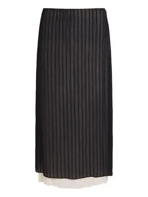 Vince Layered Striped Plissé Midi Skirt - Black