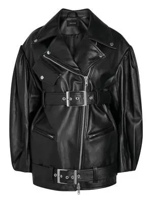 Simone Rocha Puff Sleeve Belted Leather Biker Jacket - Black