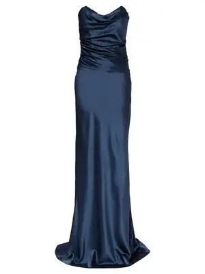 THE SEI Ruched Strapless Silk Satin Corset Dress - Blue