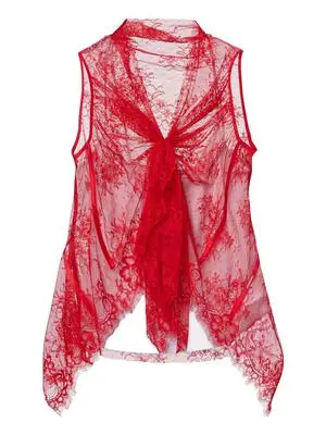 JACQUES WEI Tie-neck Silk-trimmed Lace Top - Red