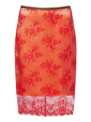 JACQUES WEI Embroidered Leather-trimmed Lace Midi Skirt - Red